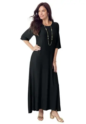 ROAMAN'S Plus Size Stretch Knit High Low Short Sleeve Maxi Dress Black