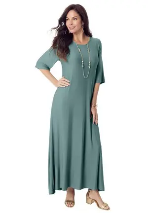 ROAMAN'S Stretch Knit High Low Short Sleeve Maxi Dress - Cool Sage
