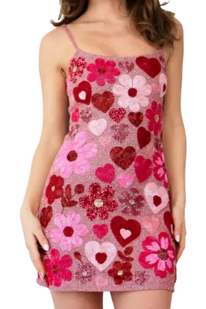 SELF-ADORE Bouquet Hand Beaded Embellished Mini Dress - Pink