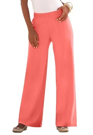 ROAMAN'S Plus Size Pull On Wide Leg Soft Knit Pant Sunset Coral