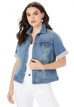 ROAMAN'S Plus Size Short Sleeve Stretch Denim Jacket Medium Wash