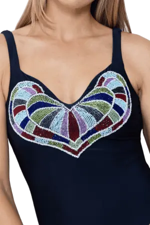 SELF-ADORE Amor Hand Beaded Embellished One Piece Swimsuit - Navy