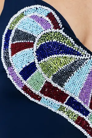 SELF-ADORE Amor Hand Beaded Embellished One Piece Swimsuit - Navy