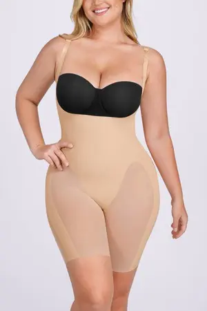 SHAPELLX Open Bust Mid-thigh Shapewear Bodysuit - Beige