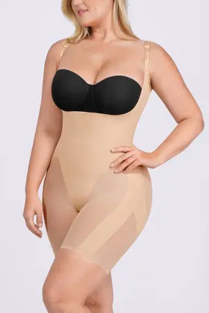 SHAPELLX Open Bust Mid-thigh Shapewear Bodysuit - Beige