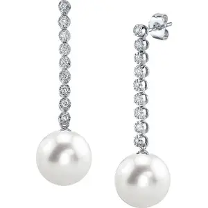 The Pearl Source Freshwater Pearl & Diamond Drop Earrings - White Gold