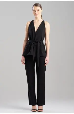 Natori Double Knit Belted V Neck Jumpsuit - Black