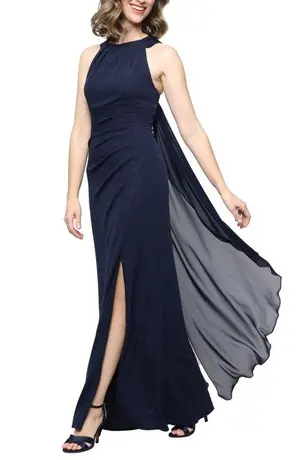 Alex Evenings Metallic Knit Halter Gown