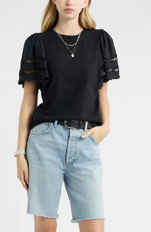 Treasure & Bond Flutter Sleeve Eyelet Top - Black