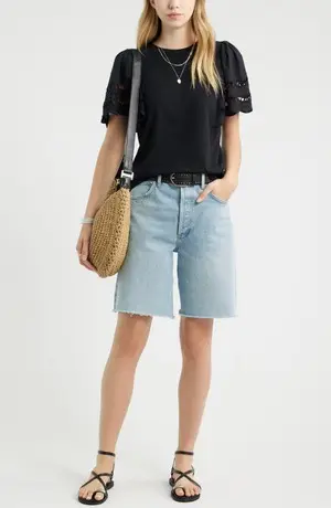 Treasure & Bond Flutter Sleeve Eyelet Top - Black