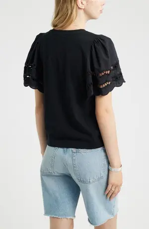 Treasure & Bond Flutter Sleeve Eyelet Top - Black