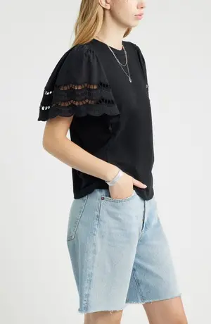 Treasure & Bond Flutter Sleeve Eyelet Top - Black