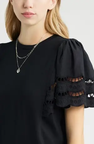 Treasure & Bond Flutter Sleeve Eyelet Top - Black