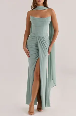 House Of Cb Portia Strapless Cocktail Dress With Slit And Ruching - Jade