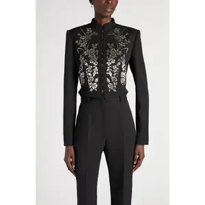 Alexander McQueen Beaded Floral Hook & Eye Wool Jacket