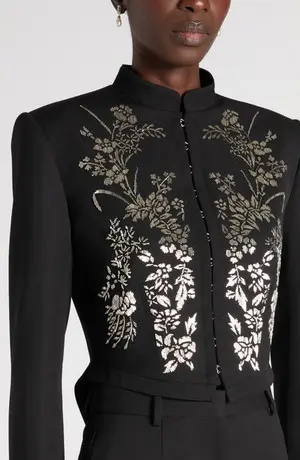 Alexander McQueen Beaded Floral Hook & Eye Wool Jacket