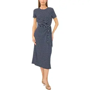 Halogen Side Tie Striped Midi Dress - Classic Navy
