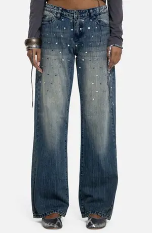 JADED LONDON Hunter Mirror Embellished Low Rise Wide Leg Jeans - Blue