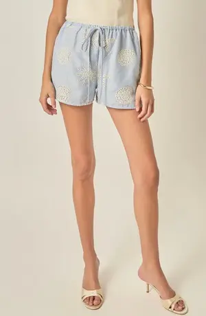 English Factory Striped Floral Eyelet Shorts - Blue