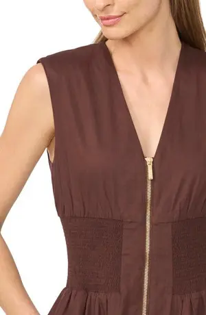 Halogen Zip-front V-neck Sleeveless Midi Dress - Chicory Coffee