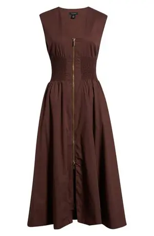 Halogen Zip-front V-neck Sleeveless Midi Dress - Chicory Coffee