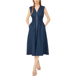 Halogen Halogen(r) Zip-Front V-Neck Sleeveless Midi Dress Classic Navy