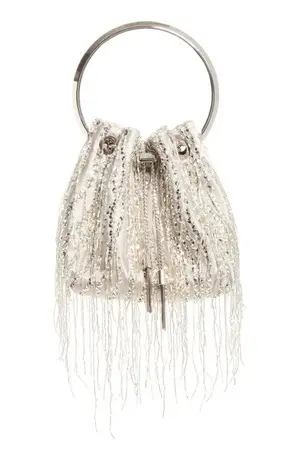 JIMMY CHOO Jimmy Choo Bon Bon Beaded Fringe Satin Bucket Bag Silver/silver