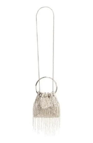 JIMMY CHOO Bon Bon Beaded Fringe Satin Bucket Bag - Silver/silver