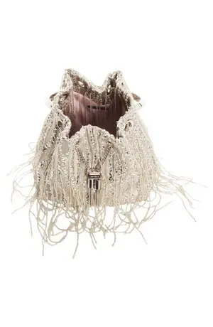 JIMMY CHOO Bon Bon Beaded Fringe Satin Bucket Bag - Silver/silver