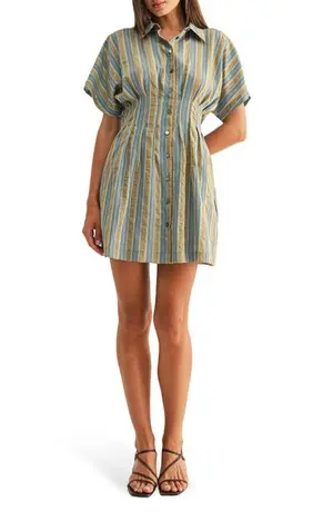 Adelyn Rae Dominique Stripe Pleat Mini Shirtdress - Blue/olive