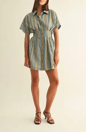 Adelyn Rae Dominique Stripe Pleat Mini Shirtdress