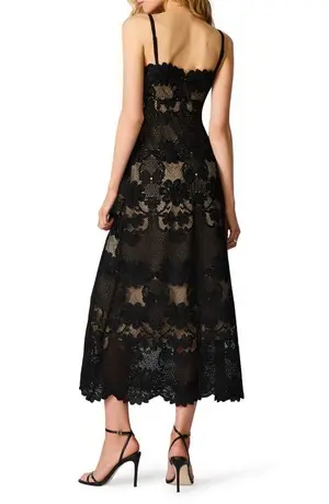 Steve Madden Willow Scalloped Floral Lace Midi Dress - Black