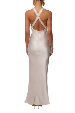 JLUXLABEL Halterneck Lace-trimmed Satin Maxi Dress