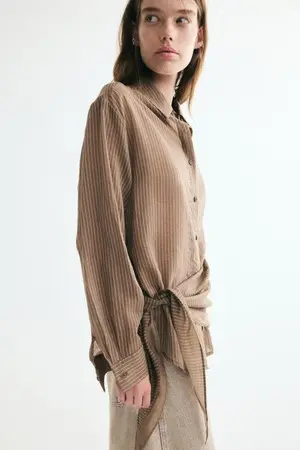 H&m Striped Shirt With Scarf Detail - Dark Beige/pinstriped