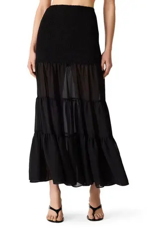 Steve Madden Lisabel Smocked Tiered Maxi Skirt - Black
