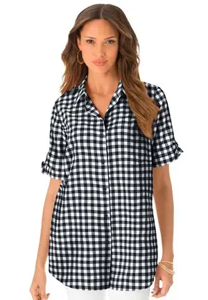 ROAMAN'S Tie Sleeve Button Down Shirt - Black Check