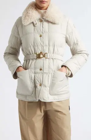 Moncler Cygnes Quilted Down Jacket With Faux Fur Collar - Beige
