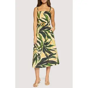 LOST + WANDER Palm Serenade Cotton Midi Dress - Green-multi