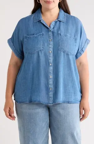 BEACHLUNCHLOUNGE Ida Button Front Lyocell Shirt - Medium Wash
