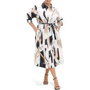 City Chic Abstract Brushstroke Print Cotton Shirtdress
