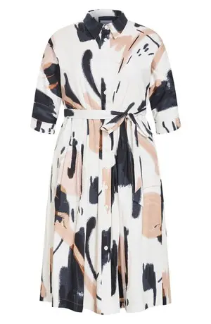 City Chic Abstract Brushstroke Print Cotton Shirtdress