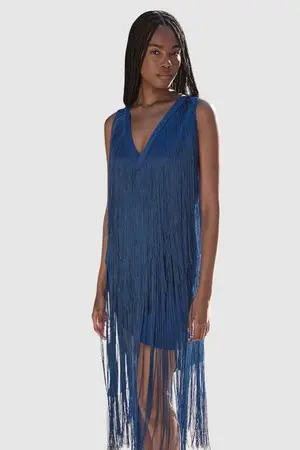 Karen Millen Fringe Bandage V-neck Midi Dress - Cobalt