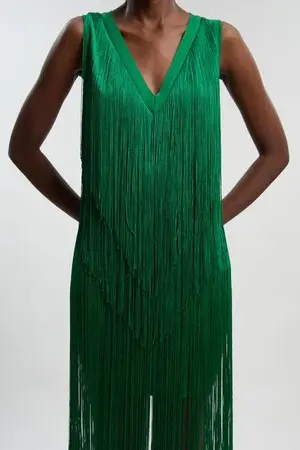 Karen Millen Fringe Bandage V-neck Midi Dress - Green