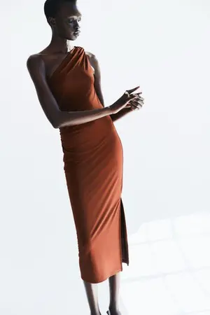 H&M One-shoulder Draped Midi Dress - Rust Brown