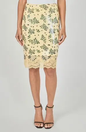 Endless Rose Floral Sequin Skirt With Lace Hem - Lemon Multi