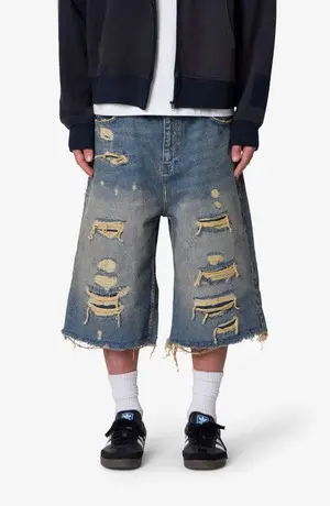 Mnml Ultra Baggy Repaired Jeans Shorts - Blue