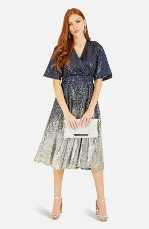 YUMI Ombre Sequin V-neck Midi Dress - Navy