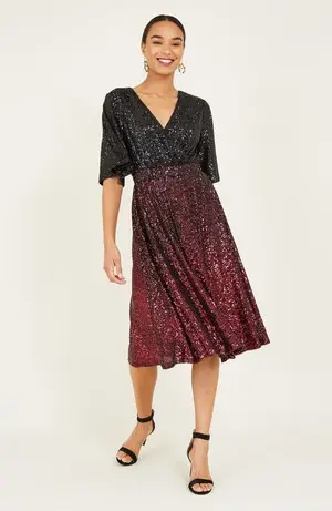YUMI Ombre Sequin V-neck Midi Dress - Red