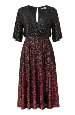 YUMI Ombre Sequin V-neck Midi Dress - Red