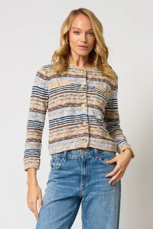 Central Park West Marlon Textured Stitch Cardigan - Brown/blue Multi